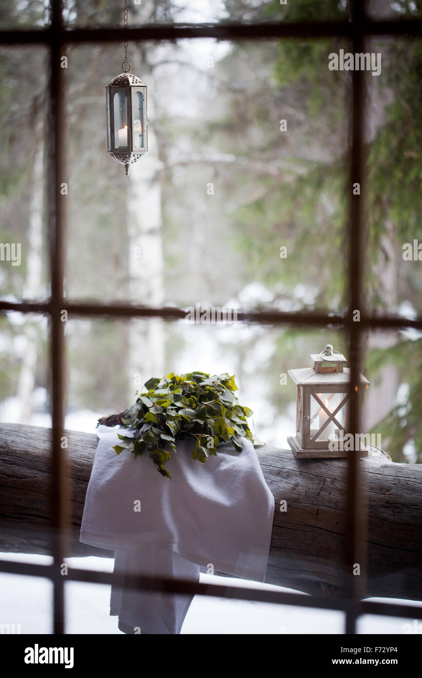 Sauna time with finnish vihta Stock Photo - Alamy