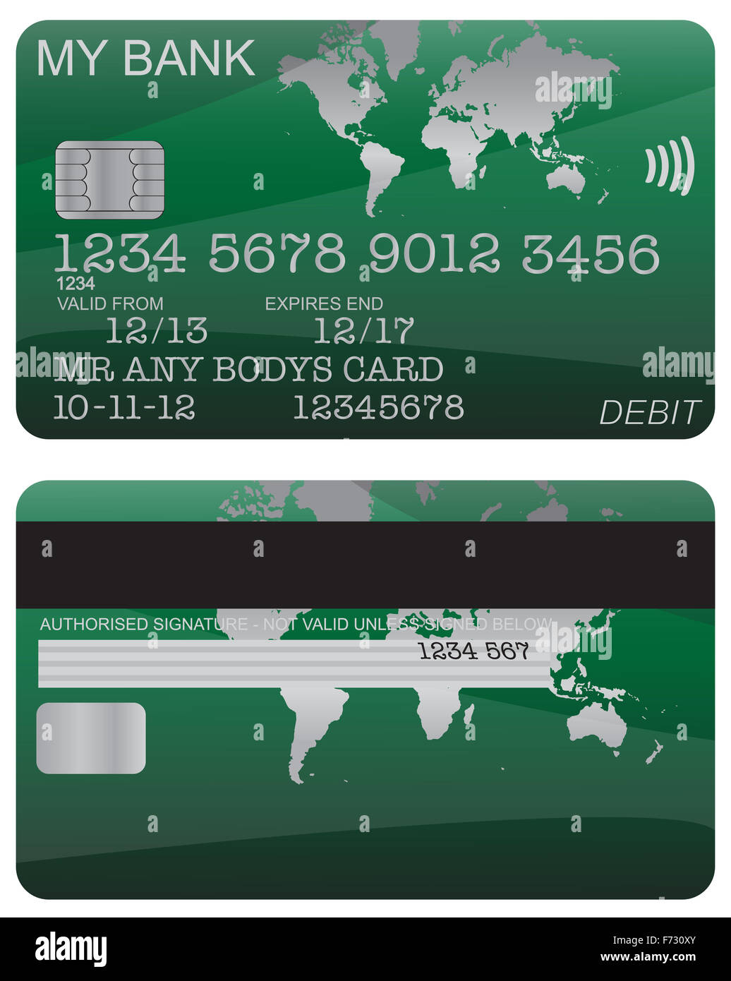Front and back of a green world map debit card design with detail ...
