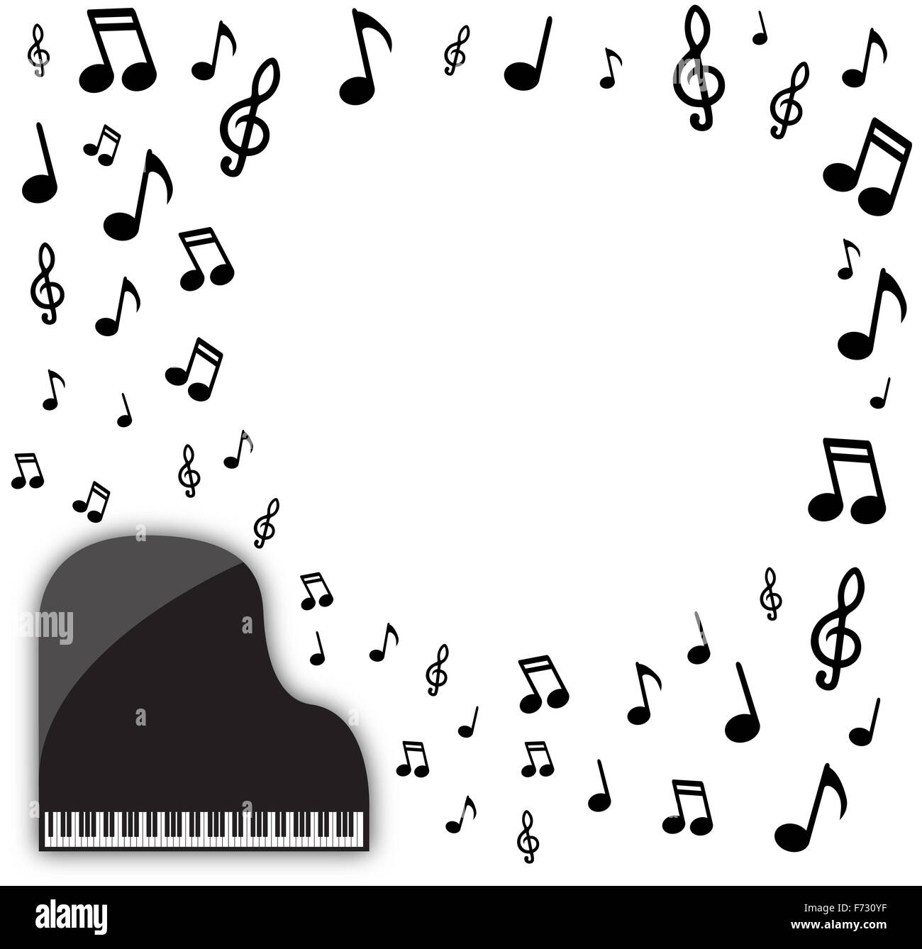 A grand piano design with musical notes and white space background ...