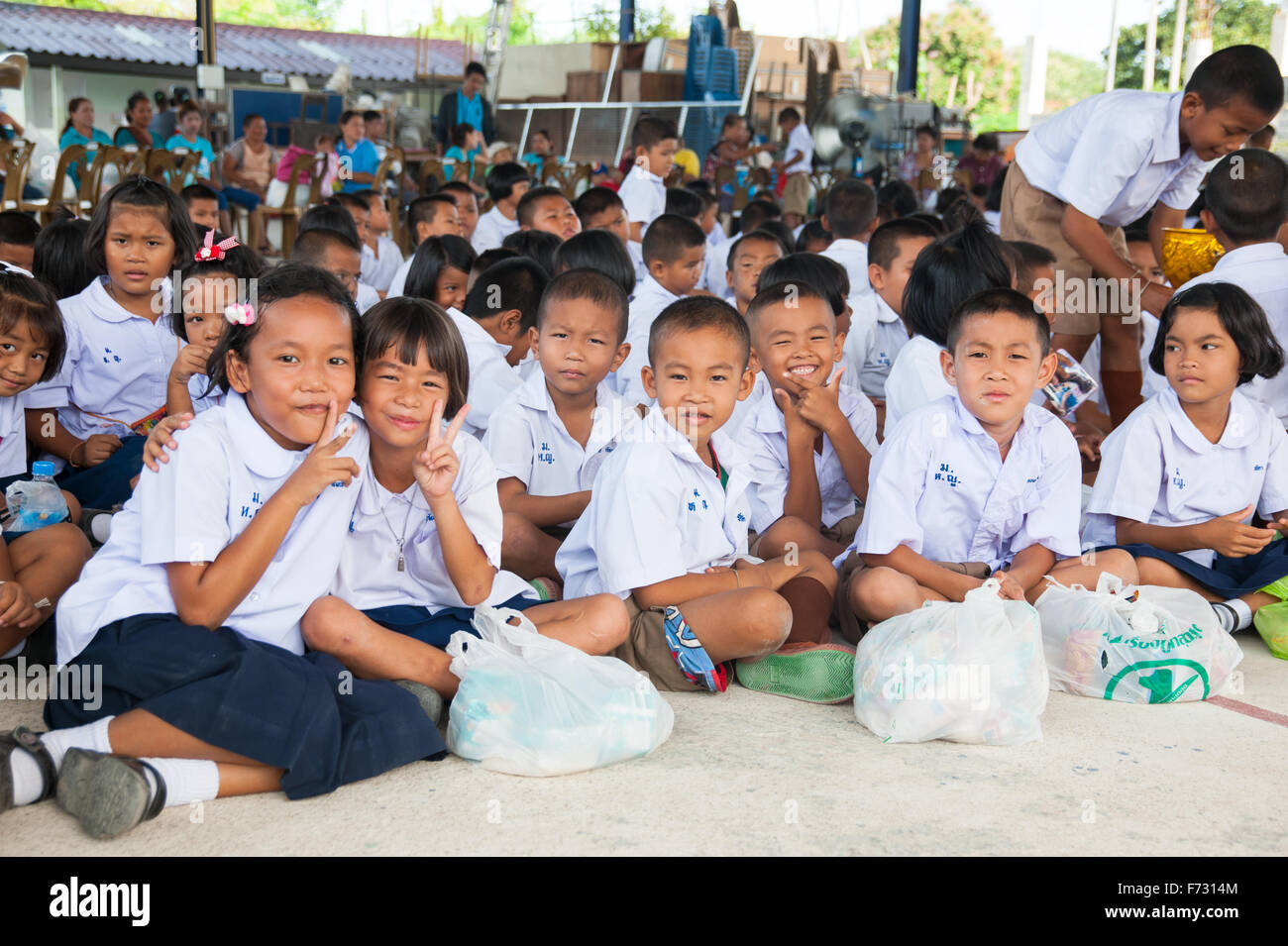 Thai school children during celebration of the Queen’s birthday which ...