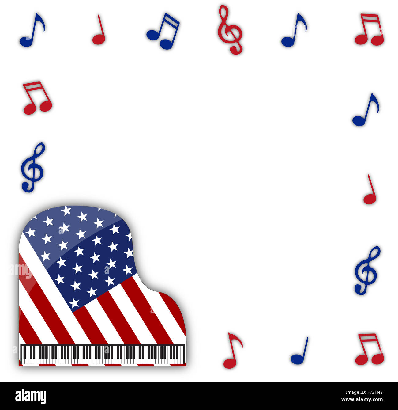 An American flag grand piano design with musical notes isolated on a ...