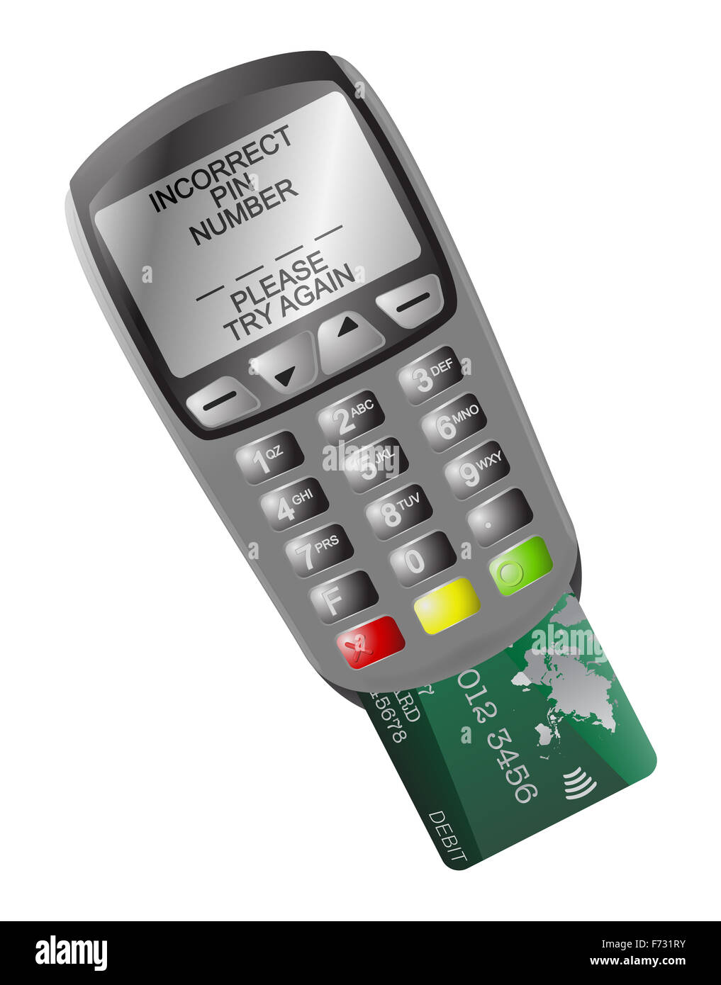 A detailed chip and pin machine with text and a card isolated on a ...