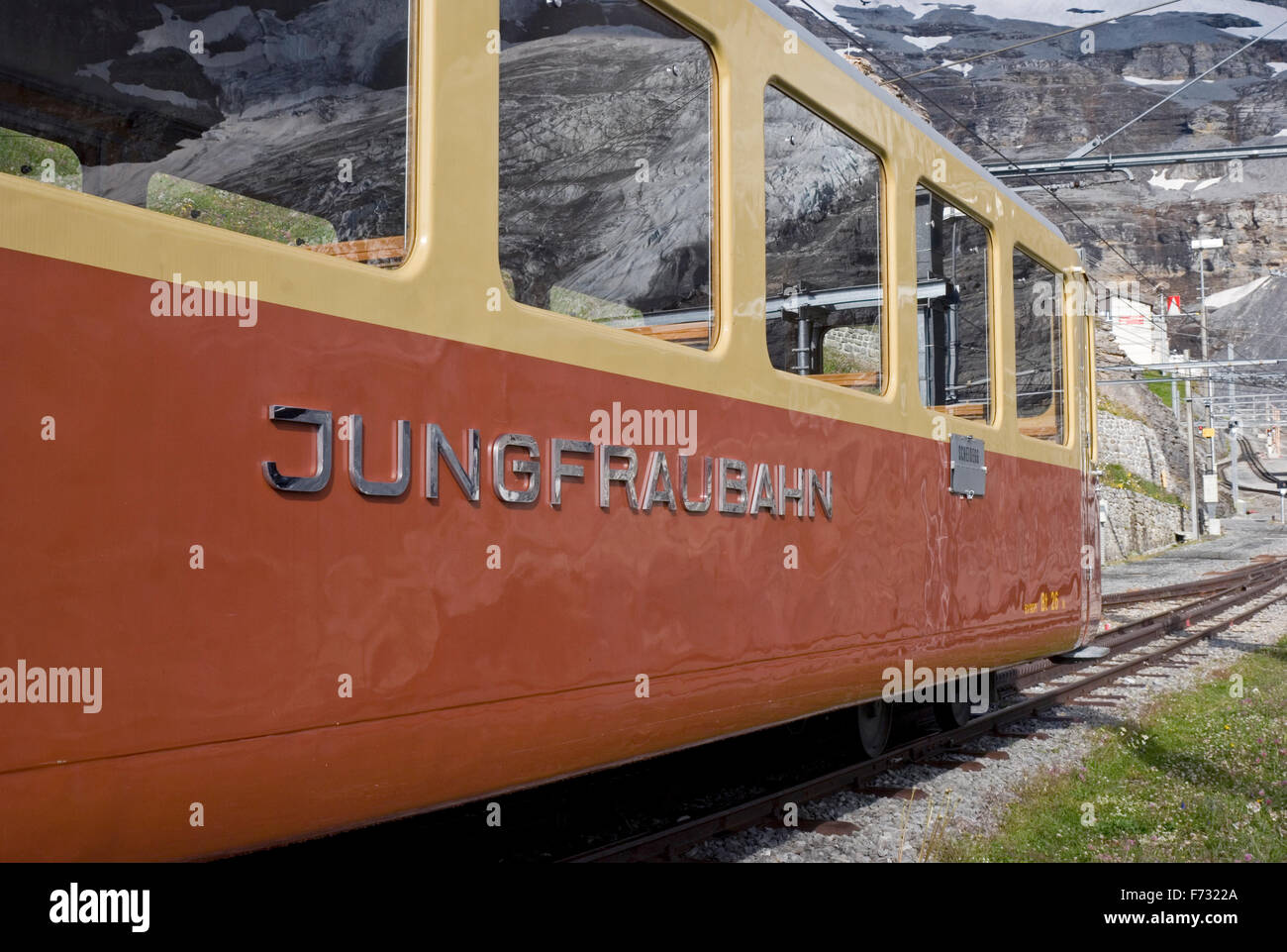 wagon of the Jungfraubahn rack railway at Eigergletscher railway ...