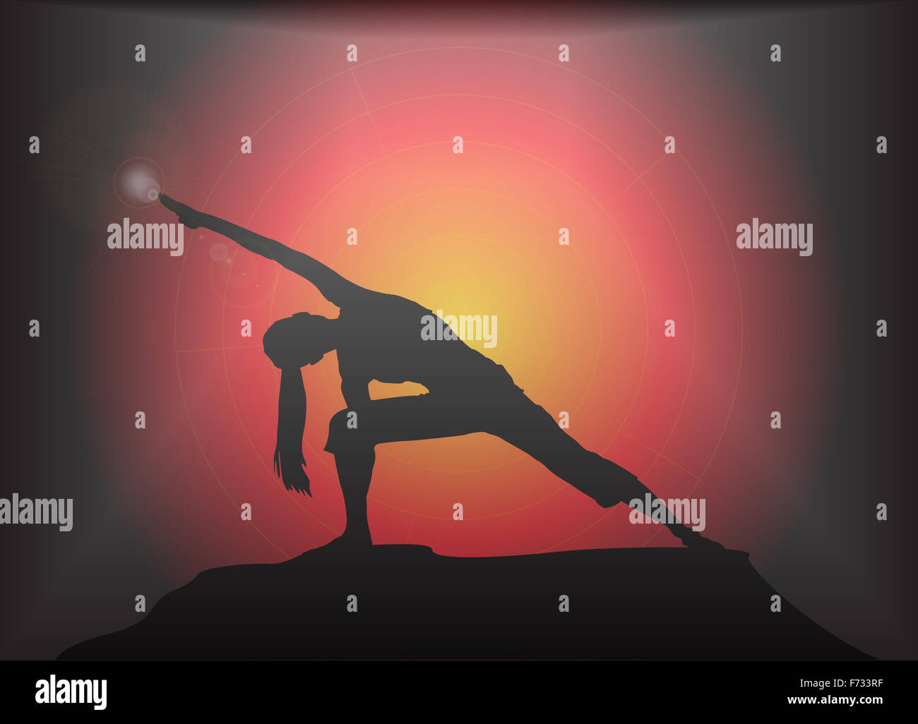 A yoga woman silhouette performing extended angle pose on a dark ...