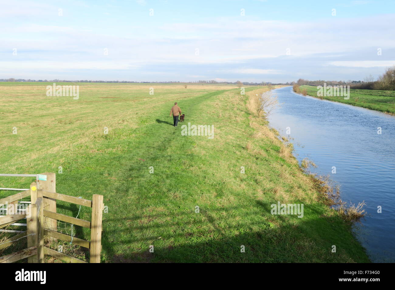 Dog walker on the banks of the New Bedford River at Sutton Gault in ...