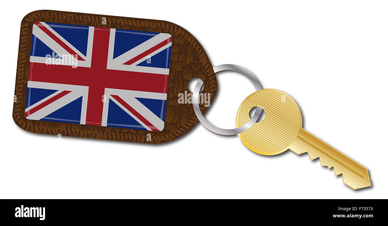 A UK flag on a key fob with a gold key isolated on a white background ...