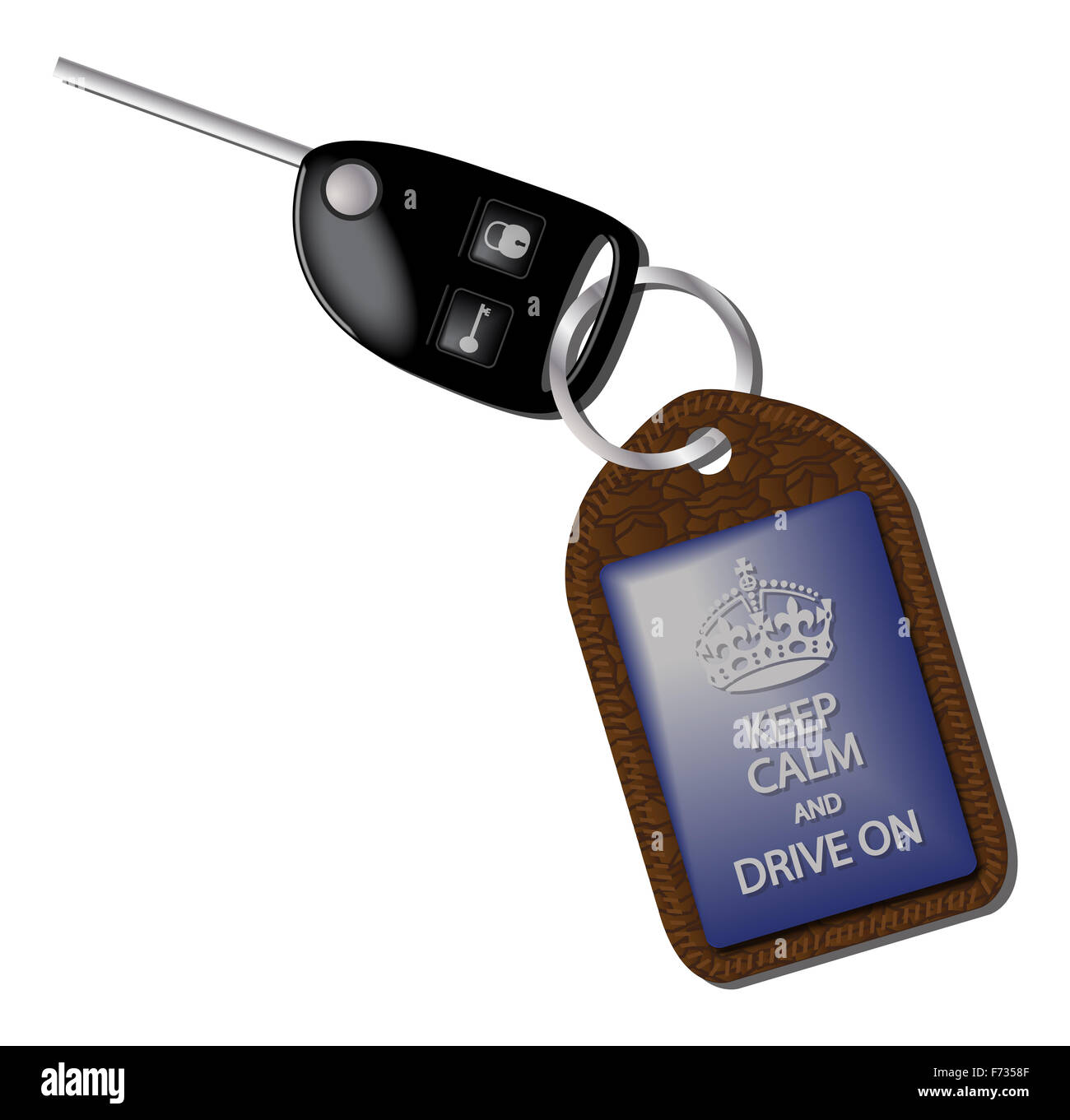 A keep calm and drive on keyring and car key isolated on a white ...