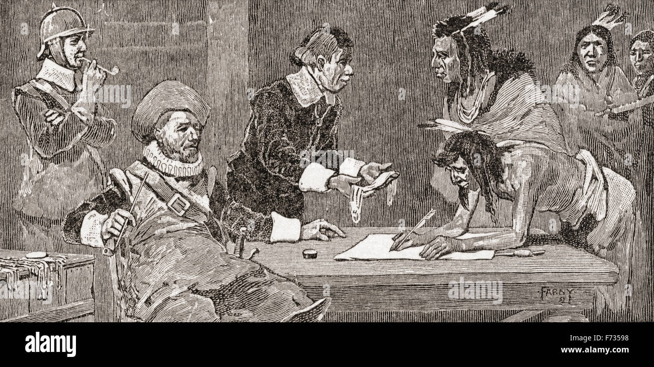 Peter Minuit buys Manhattan Island in 1626 from American Indian people ...