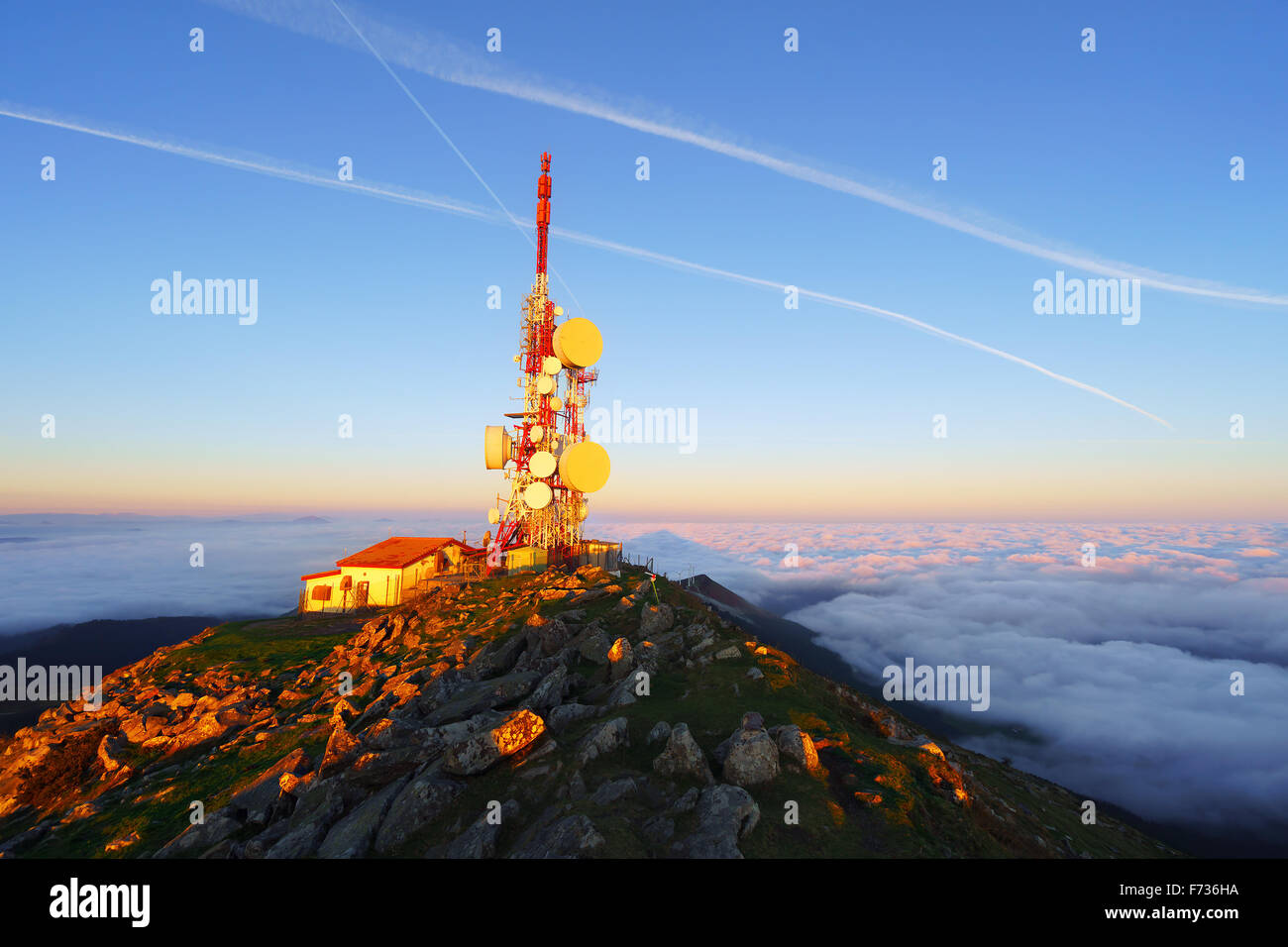 telecommunications tower on Oiz mountain top at the sunrise Stock Photo ...