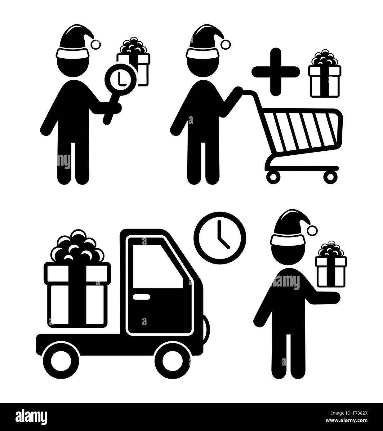 Set of Christmas Shopping Gifts Flat Black Pictograms People Ico Stock ...