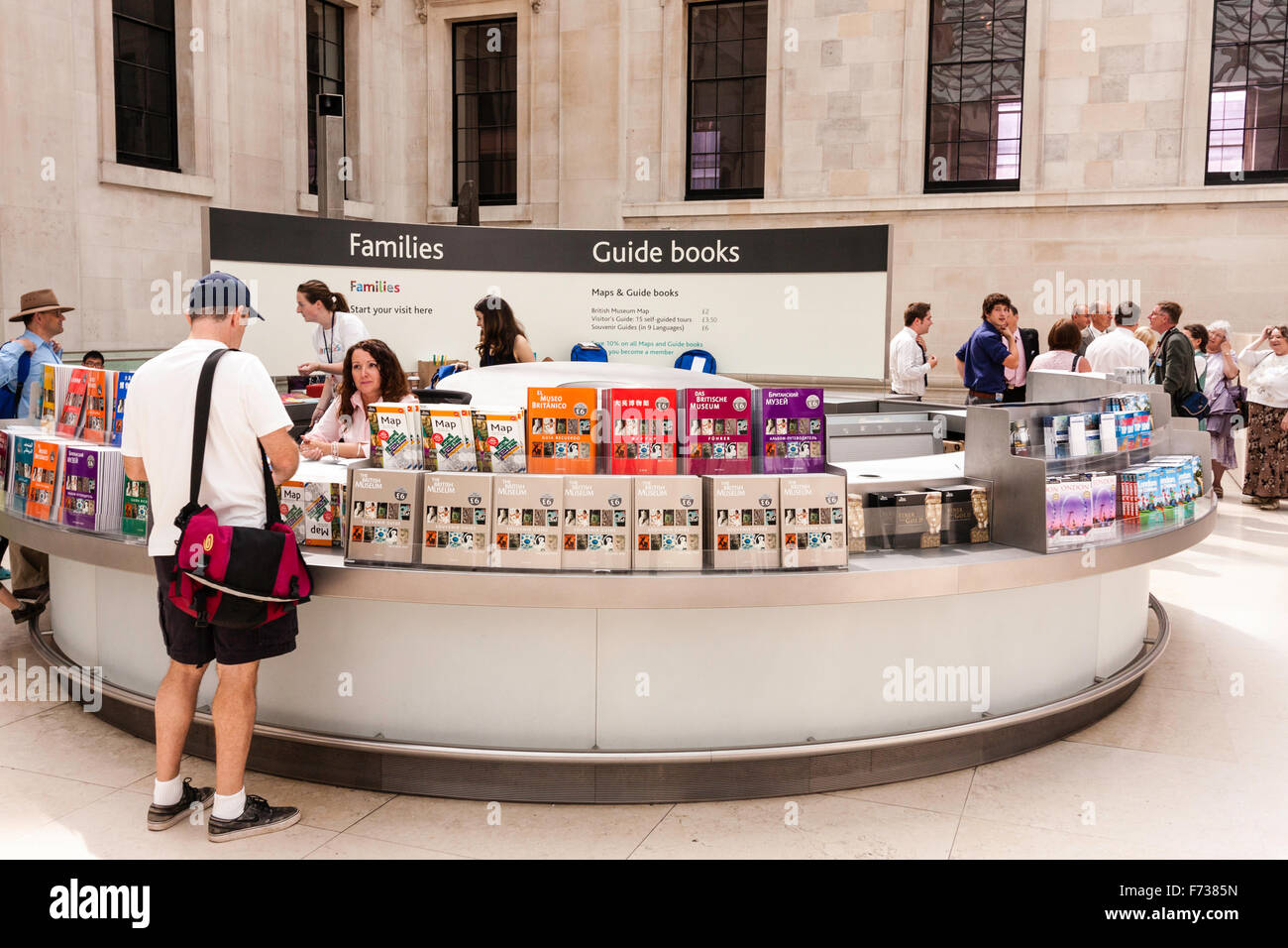 British Museum, London. Information and guide book counter in The Stock ...