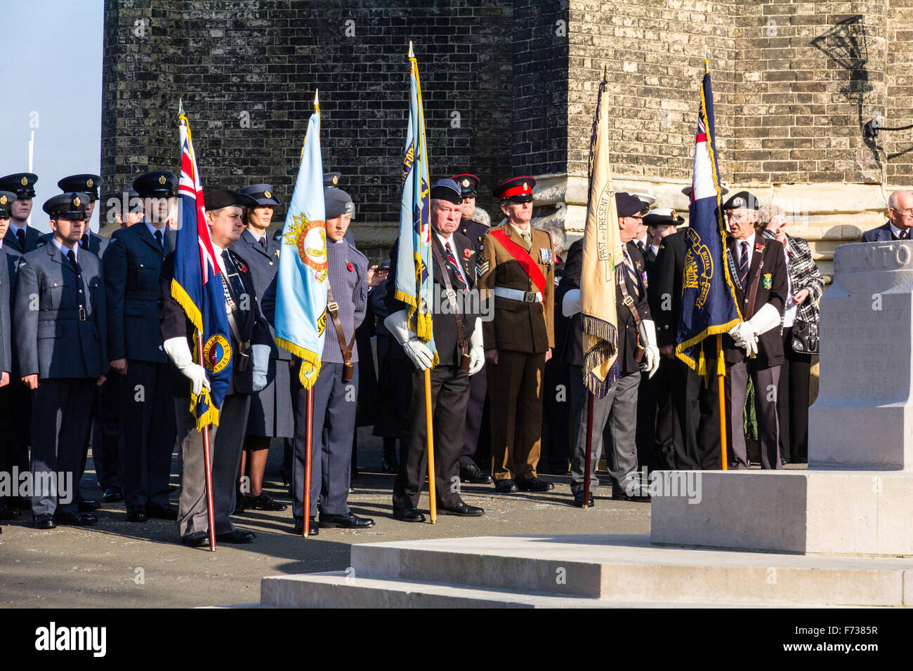 England, Ramsgate. Remembrance Sunday ceremony at war memorial. Old ...