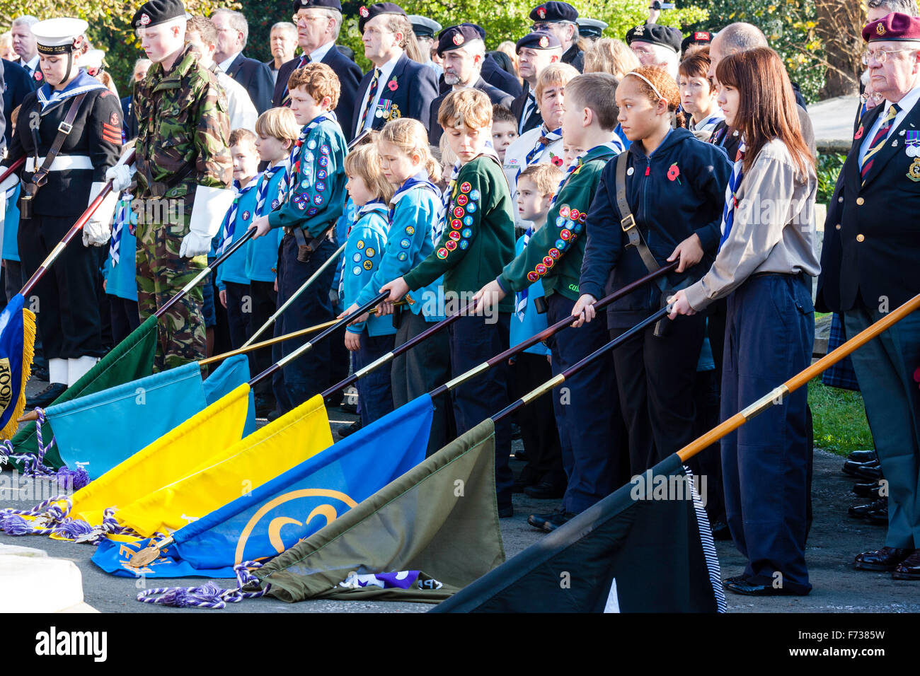 England, Ramsgate. Remembrance Sunday. Boy scouts and girl guides ...