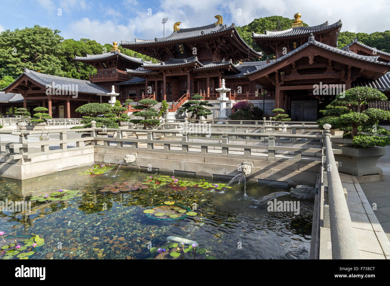 Pond at Chinese garden in front of temple hall at the Chi Lin Nunnery ...