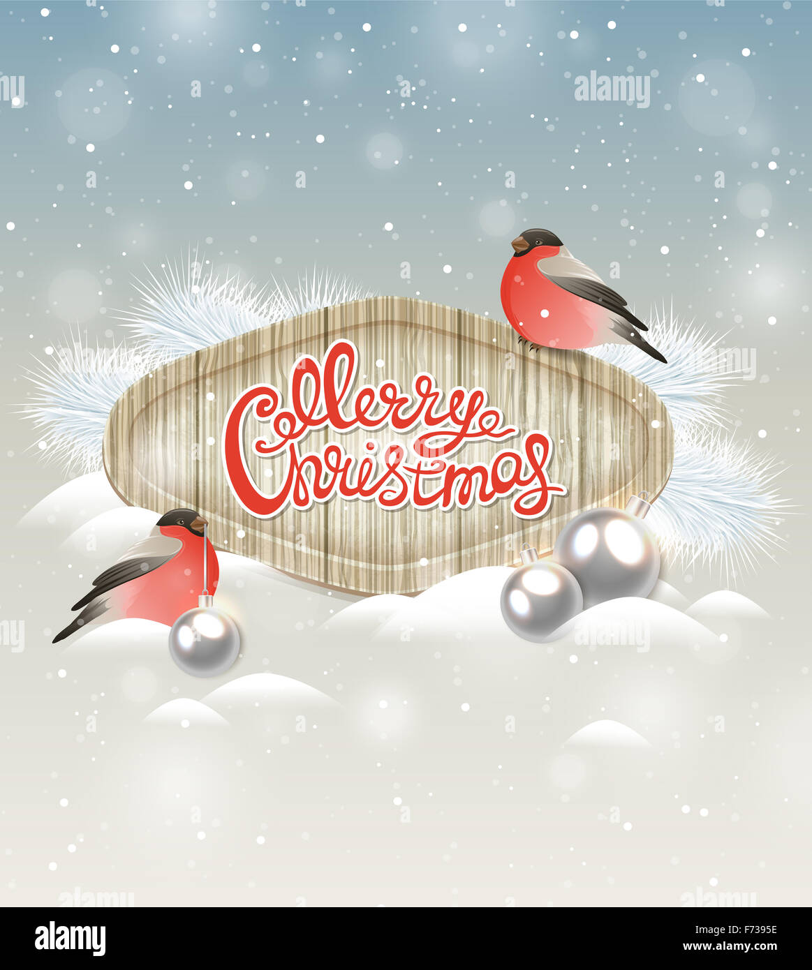 Christmas background with two bullfinch and silver decorations Stock ...