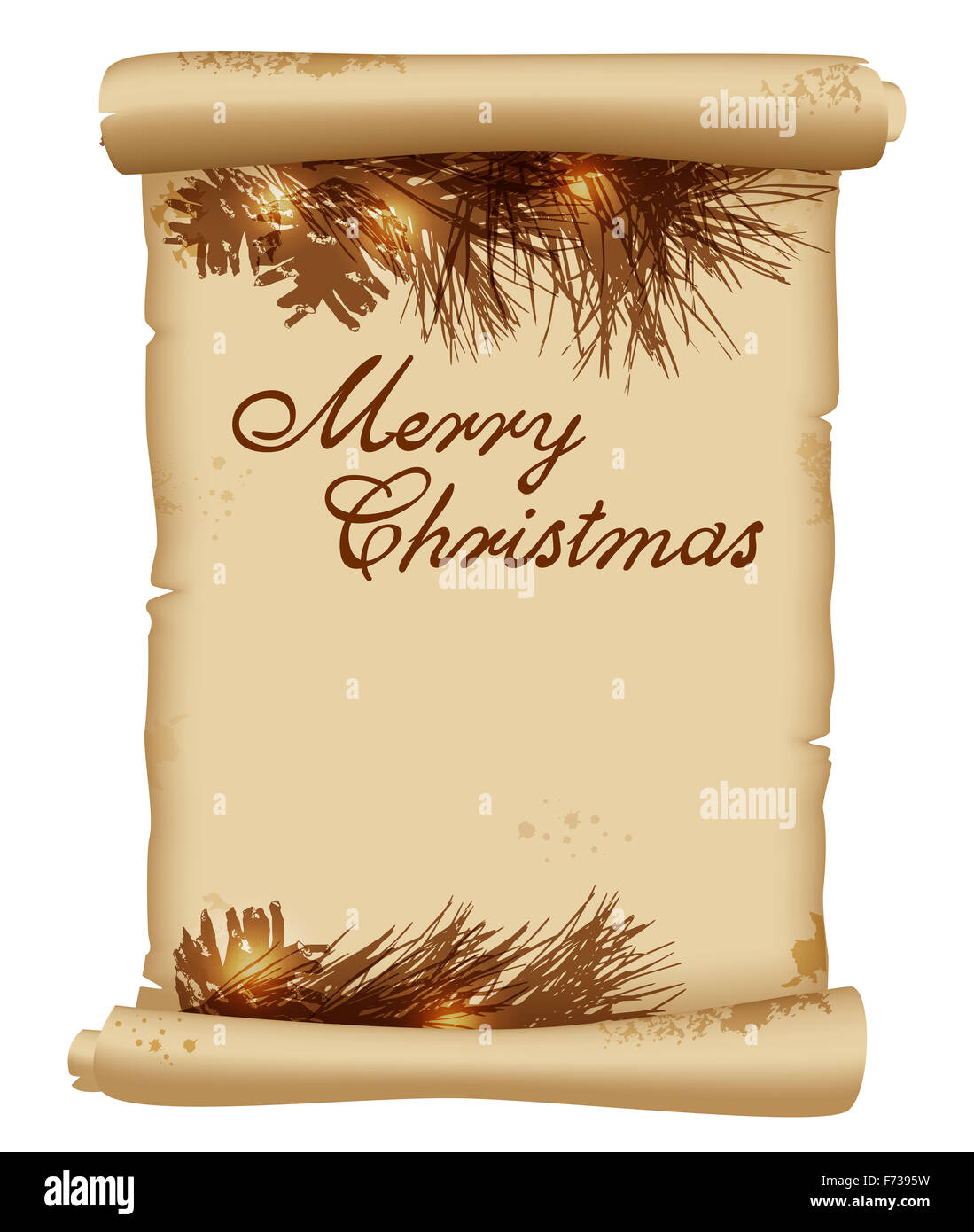 Christmas background with pine branch and vintage scroll Stock Photo ...