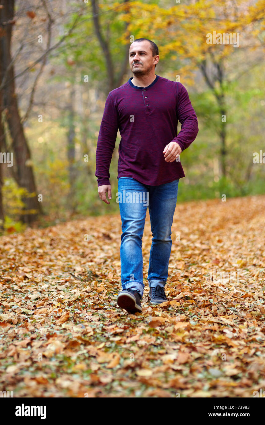 Caucasian man taking a walk in the forest, autumnal landscape Stock ...