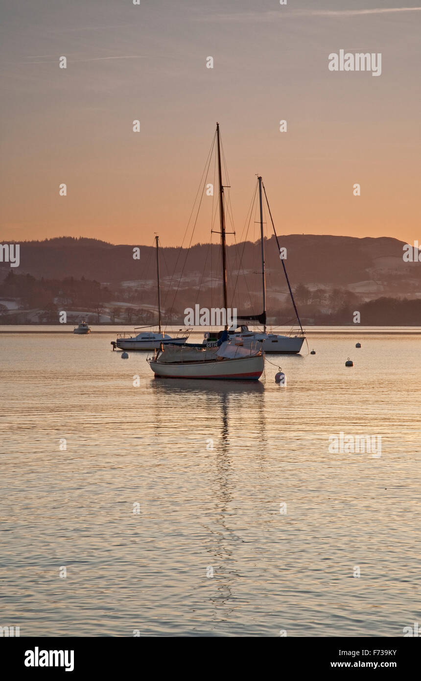 Sunset on the sailing boats on Lake Windermere, Lake District, Cumbria ...