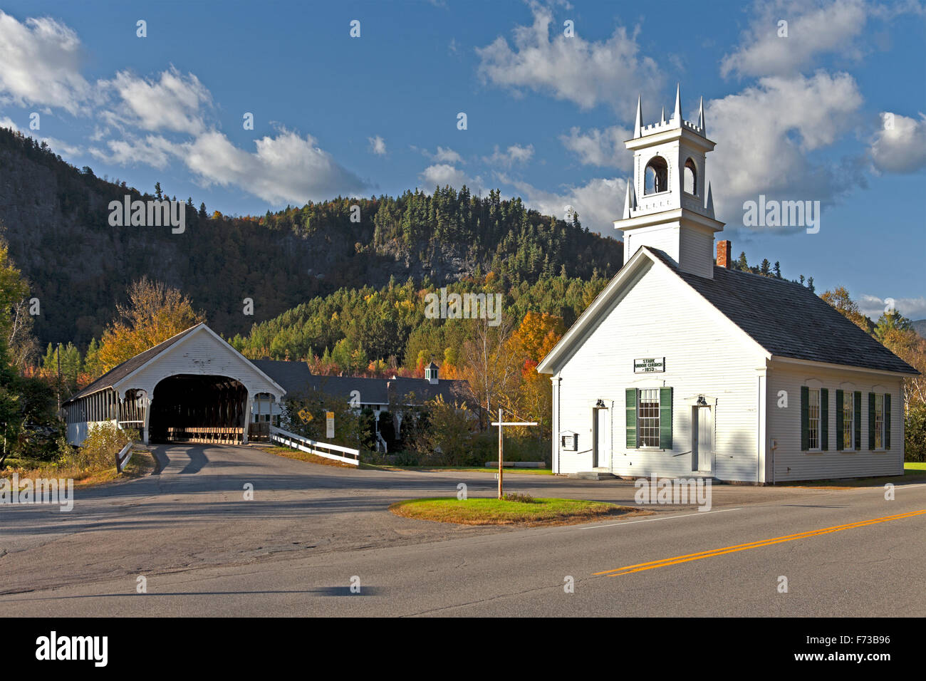 Church and Covered Bridge, Stark, New Hampshire Stock Photo - Alamy