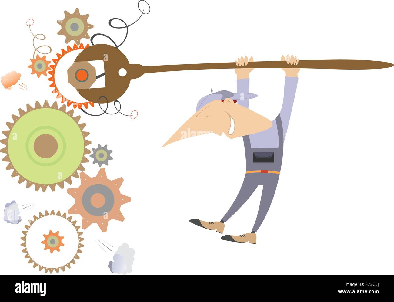 Comic mechanic repairs construction using a big spanner Stock Vector ...