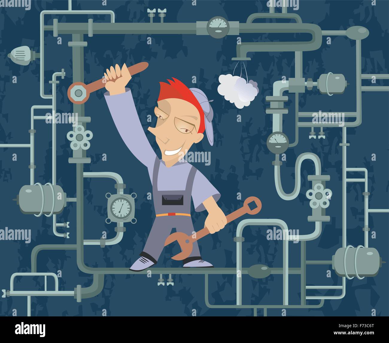 Comic mechanic repairs pipe construction Comic mechanic repairs pipe ...