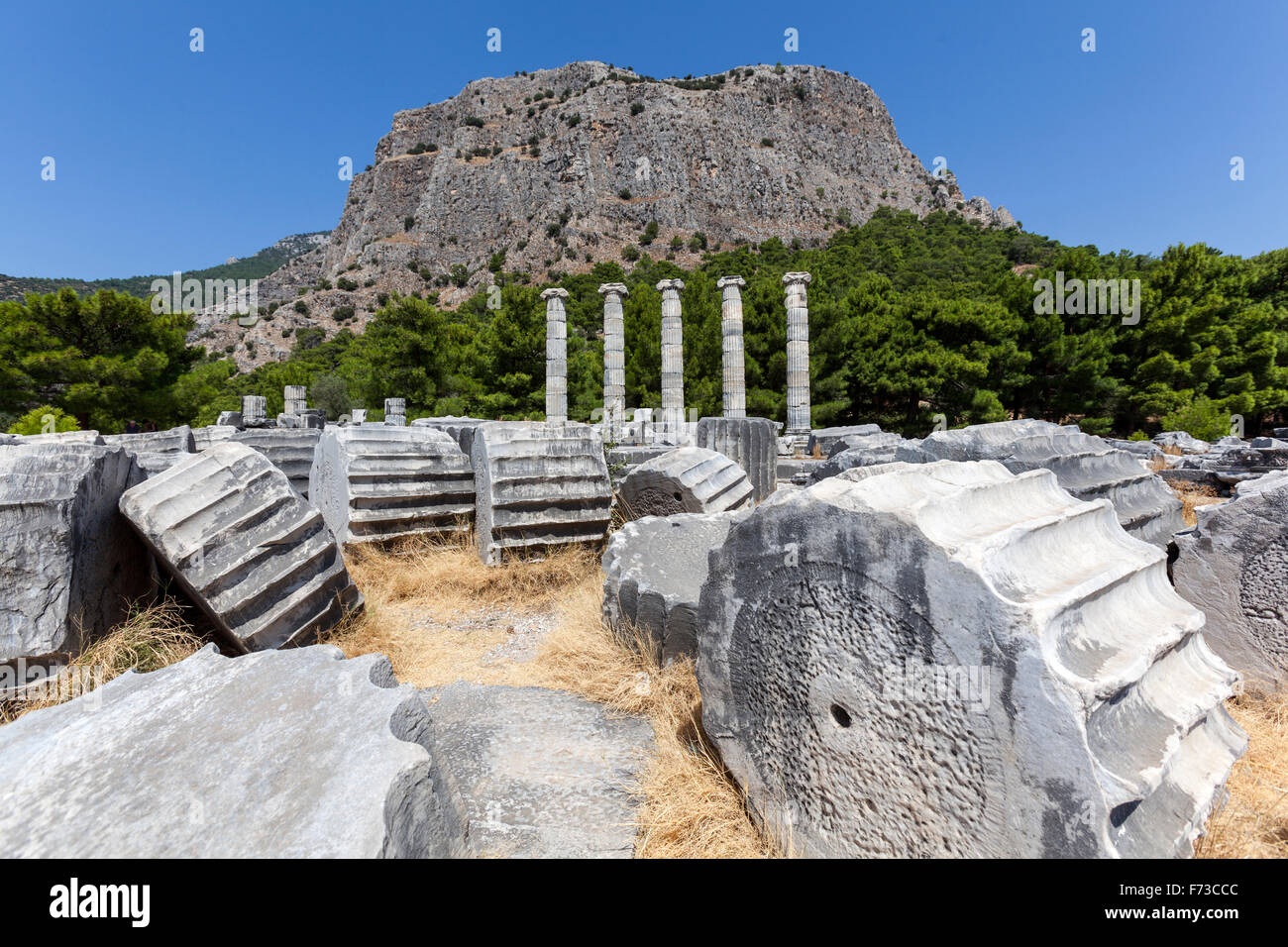 Temple of Athena, with ionics columns remains in Priene an ancient ...