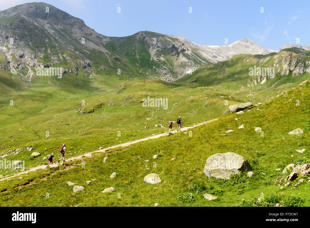 People hiking on alpine pasture Stock Photo - Alamy