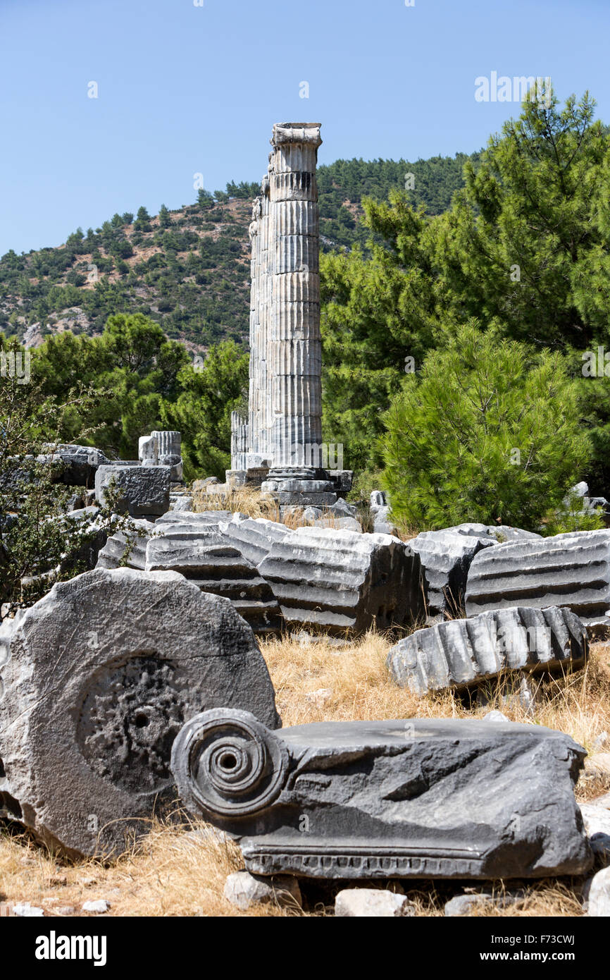 Temple of Athena, with ionics columns remains in Priene an ancient ...