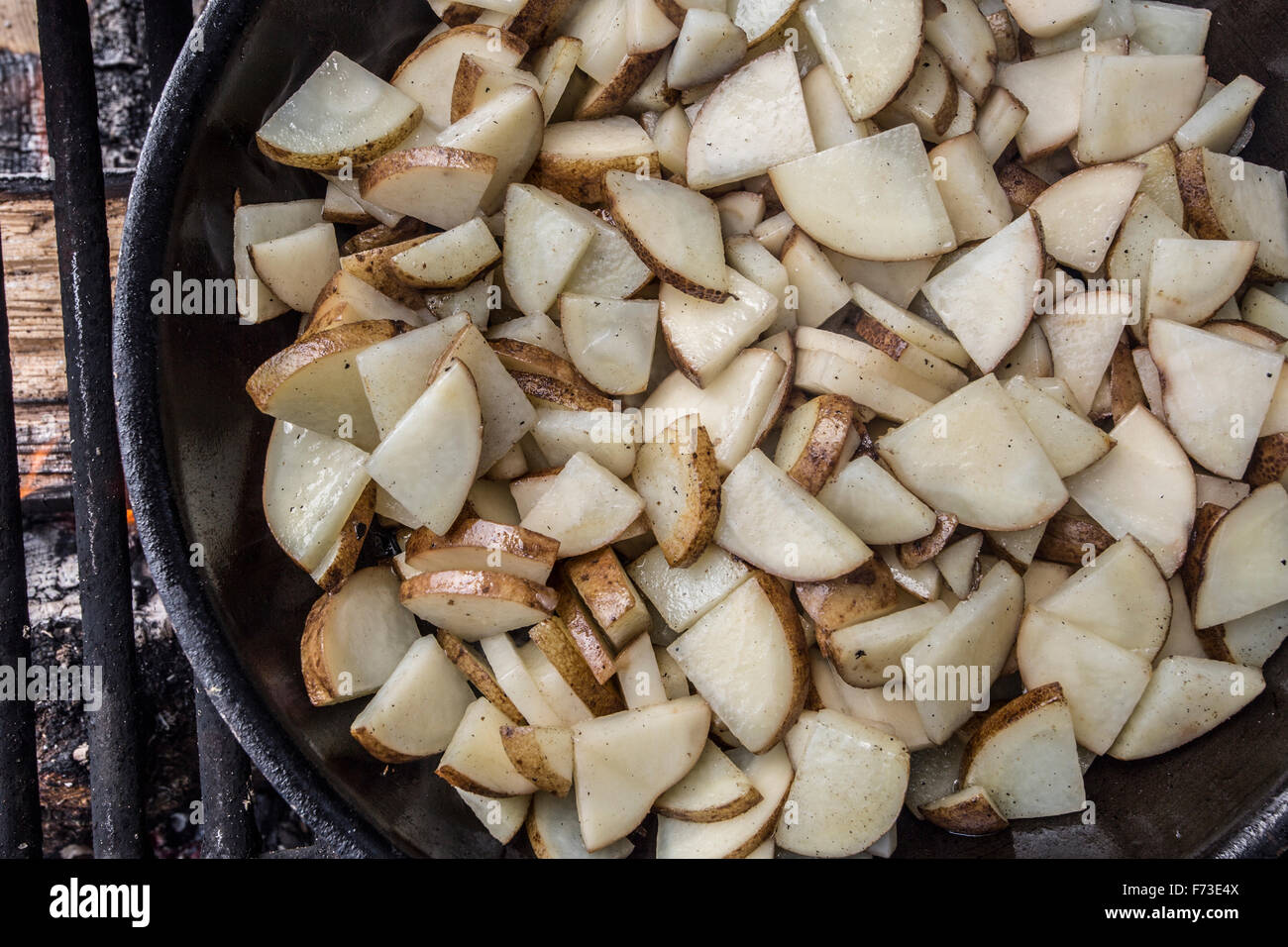 Riverside lunch of potatoes in cast iron pan in Alaska Stock Photo - Alamy