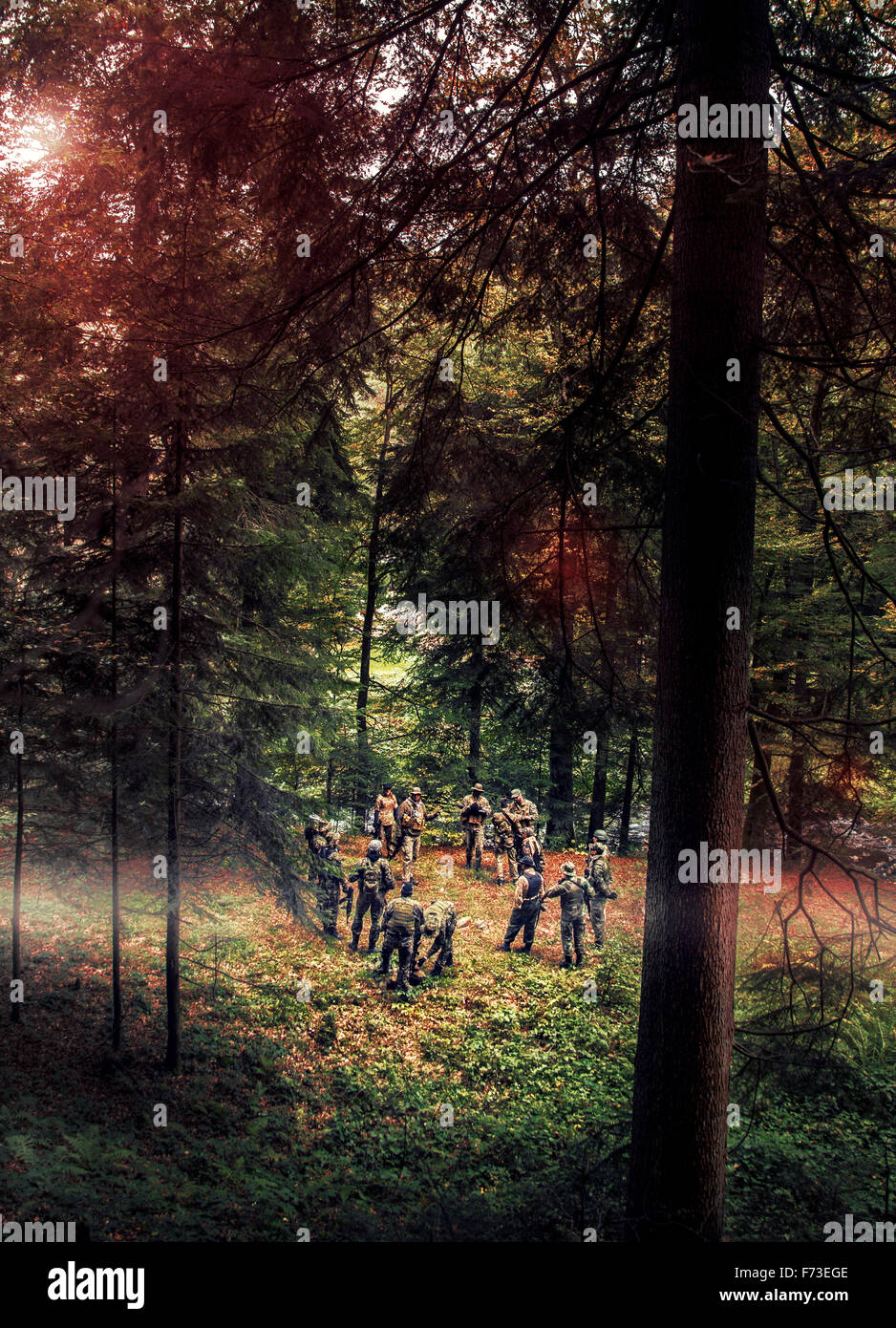 Gathering of soldiers on the clearing in the forest Stock Photo - Alamy