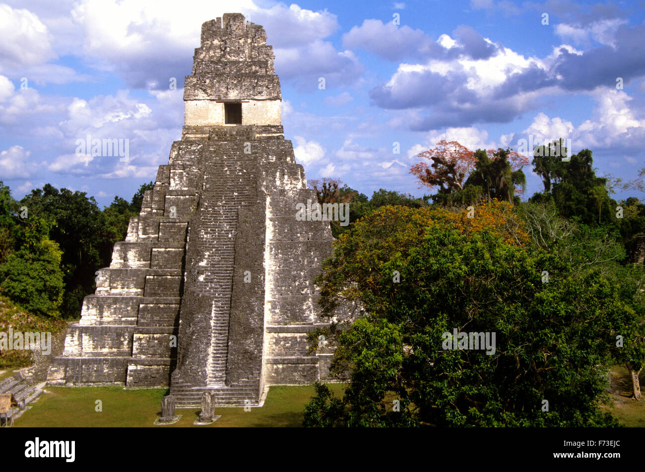 Temple I towers 145 feet above the Great Plaza at Tikal, Guatemala ...
