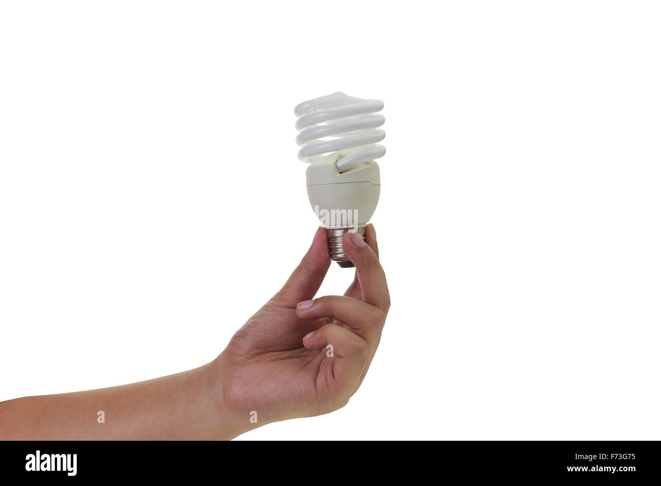 Asian male hand holding energy saving light bulb isolated on white ...