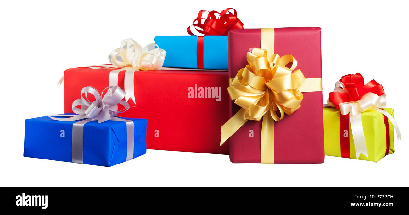 Colorful gift wrapped boxes isolated on white background Stock Photo ...