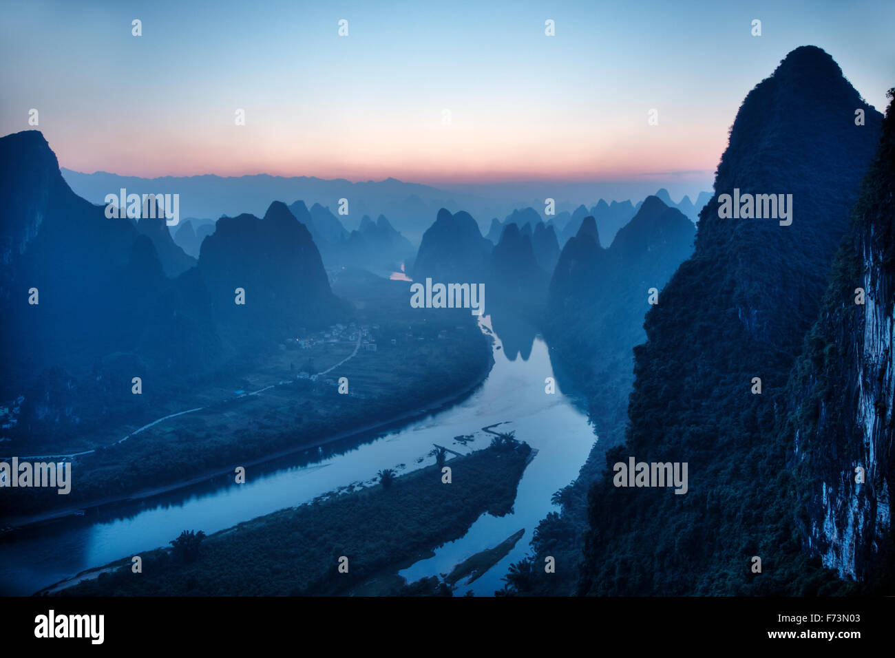 Limestone Karst Formations and River Li at dawn Guilin Region Guangxi ...