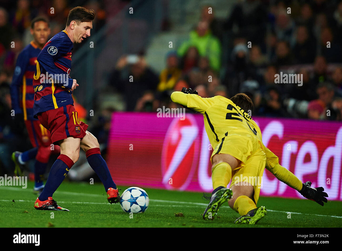 Lionel Messi (FC Barcelona) kick the ball for scoring, during the ...