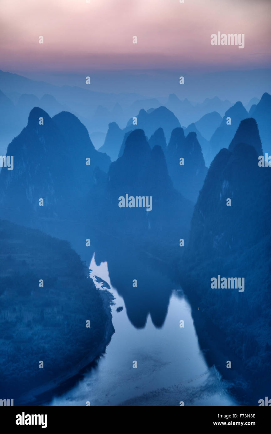 Limestone Karst Formations and River Li at dawn Guilin Region Guangxi ...