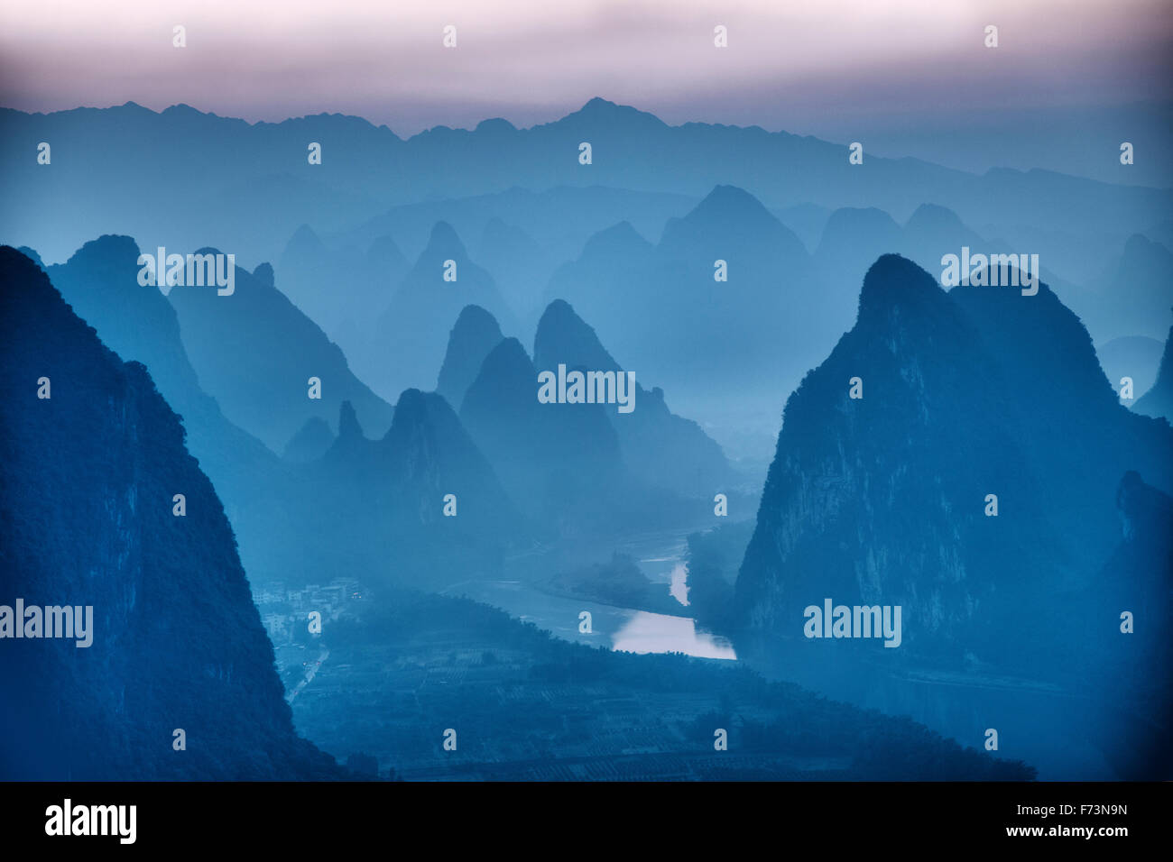 Limestone Karst Formations and River Li at dawn Guilin Region Guangxi ...