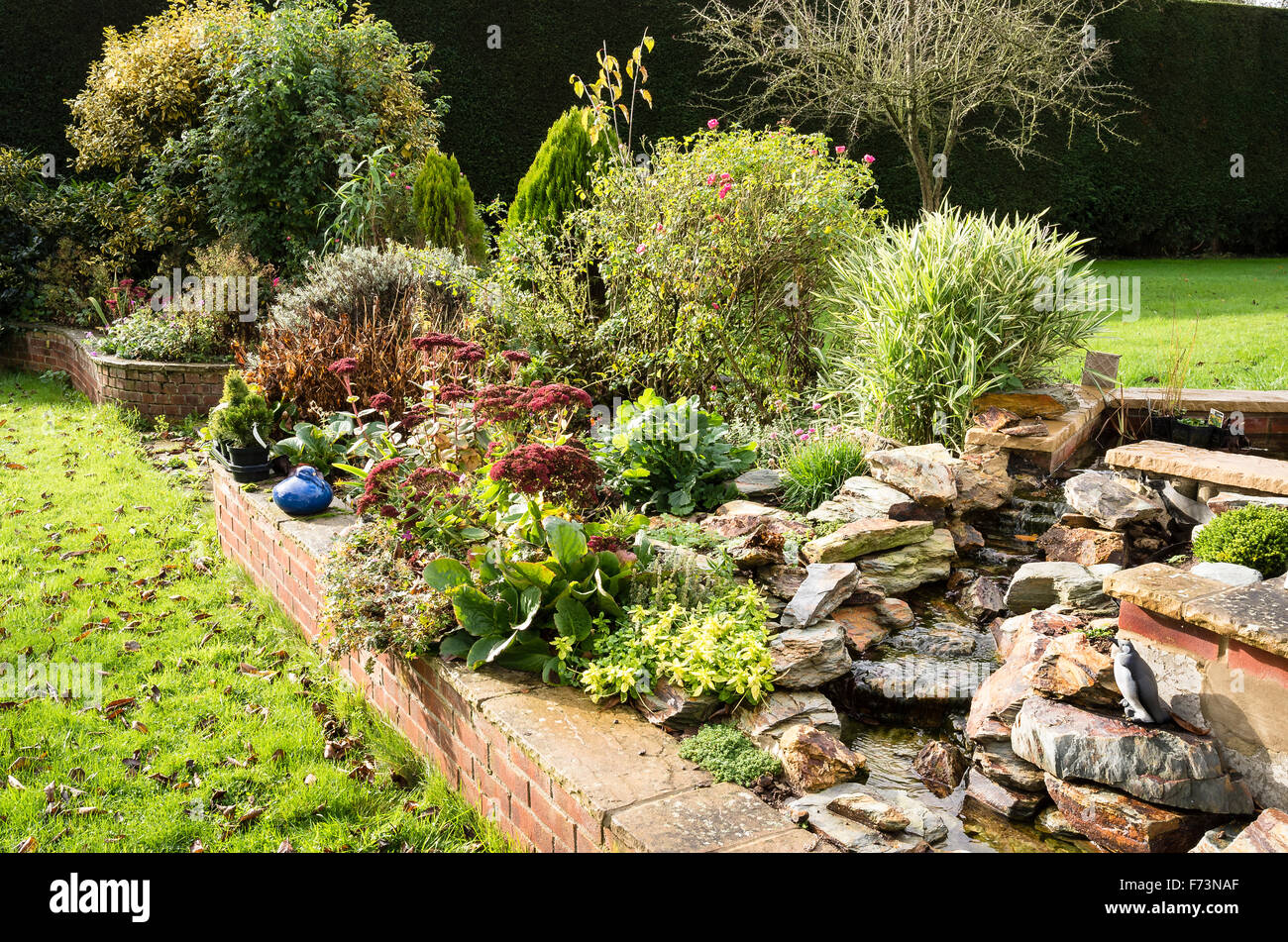Waterfall and garden mixed herbaceous raised border in the Autumn Stock ...