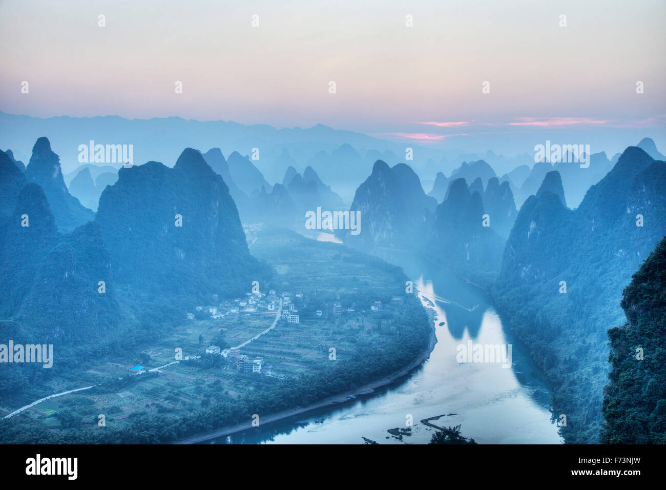 Limestone Karst Formations and River Li at dawn Guilin Region Guangxi ...