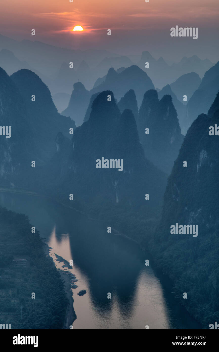 Limestone Karst Formations and River Li at dawn Guilin Region Guangxi ...