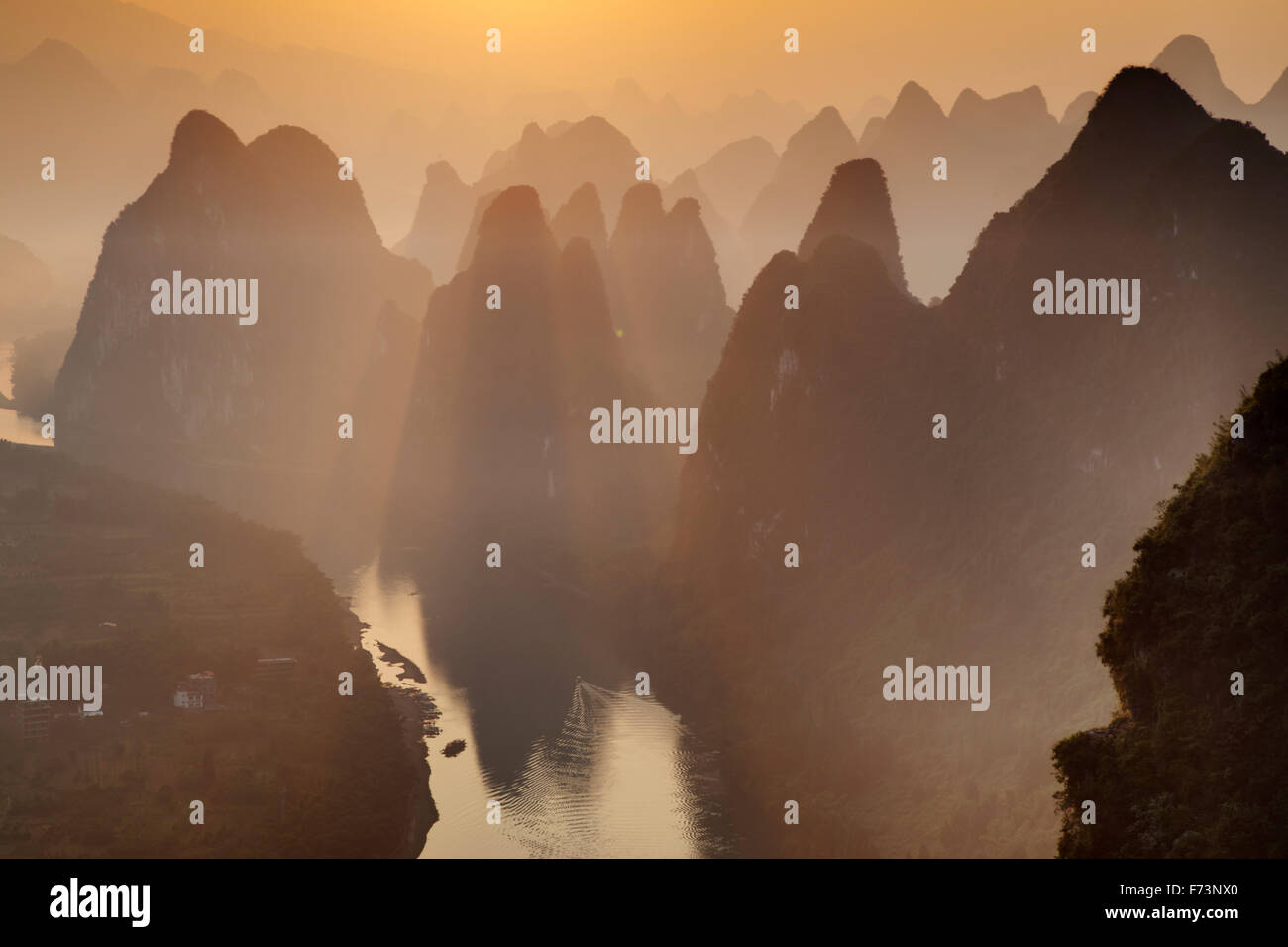 Limestone Karst Formations and River Li at dawn Guilin Region Guangxi ...