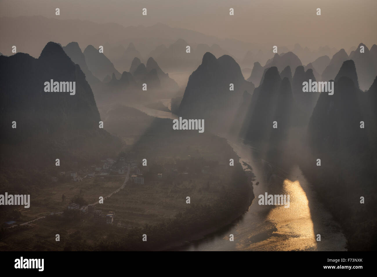 Limestone Karst Formations and River Li at dawn Guilin Region Guangxi ...