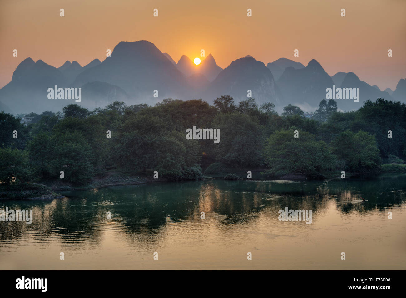 Limestone Karst Formations and River Li at Sunset Guilin Region Guangxi ...