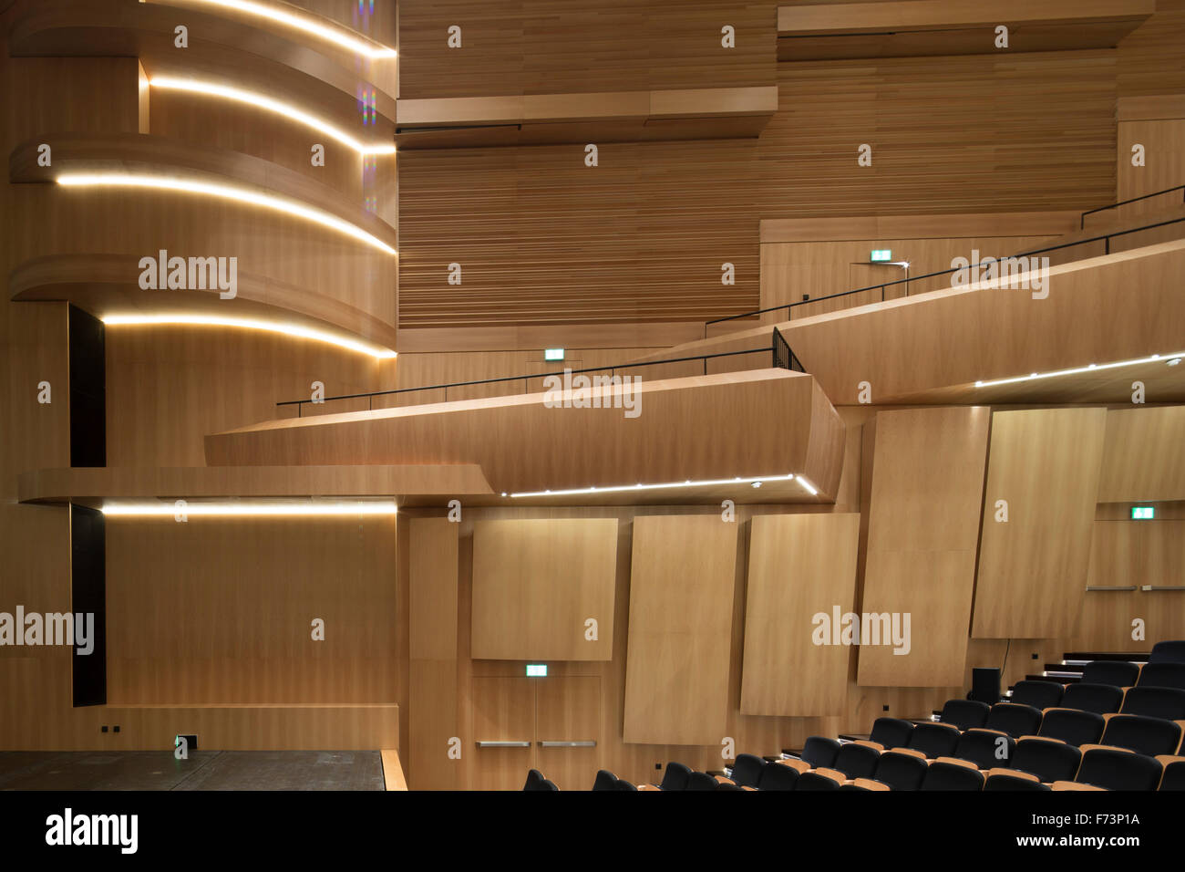 Timber clad modular acoustic baffles in Theatre Hall. LAC Lugano Art ...