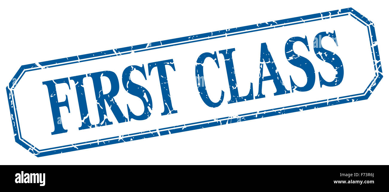 first class square blue grunge vintage isolated label Stock Photo - Alamy