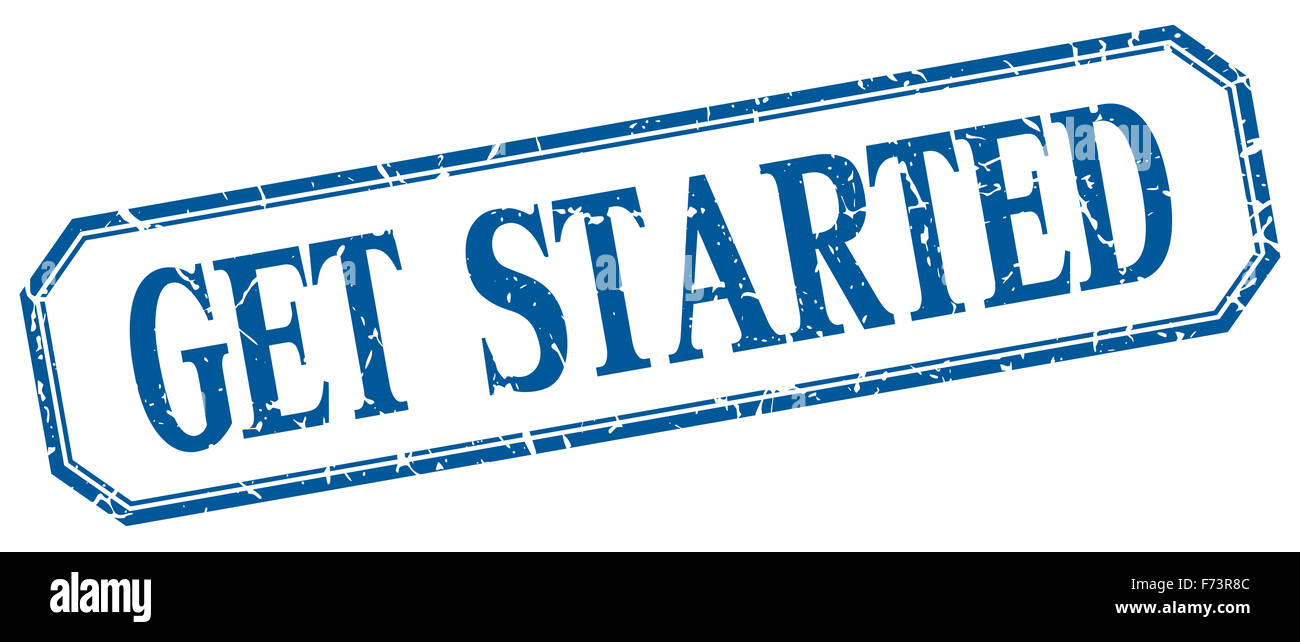 get started square blue grunge vintage isolated label Stock Photo - Alamy