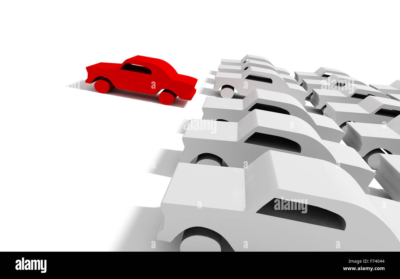 3D image of race car and red car reaching goal Stock Photo - Alamy