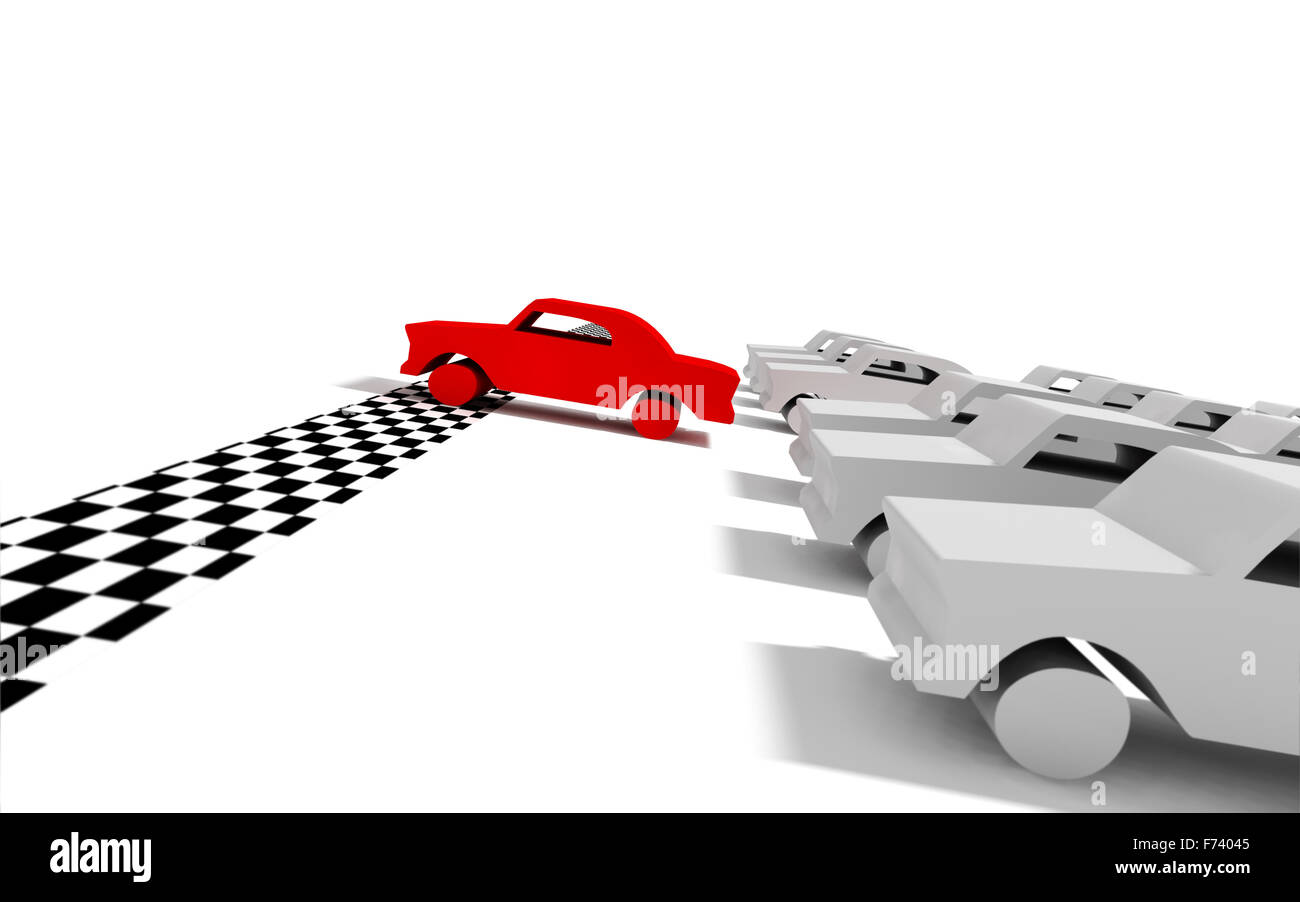 3D image of race car and red car reaching goal Stock Photo - Alamy