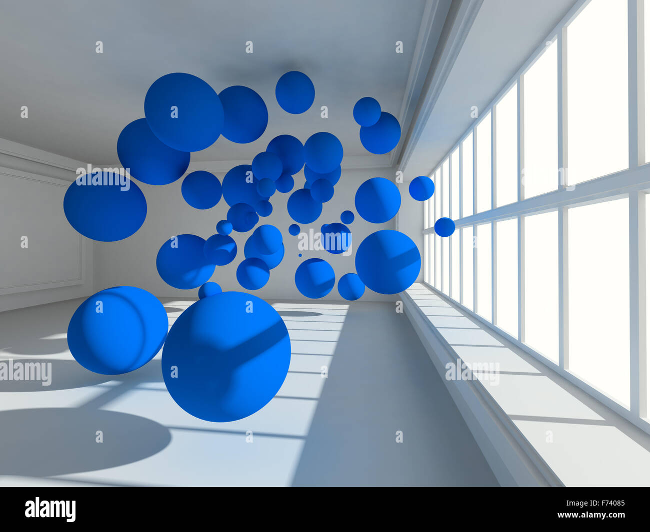 Surreal Empty interior 3d image with floating spheres Stock Photo - Alamy
