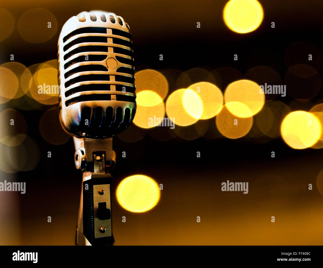 Musical background with microphone and stage lights Stock Photo - Alamy